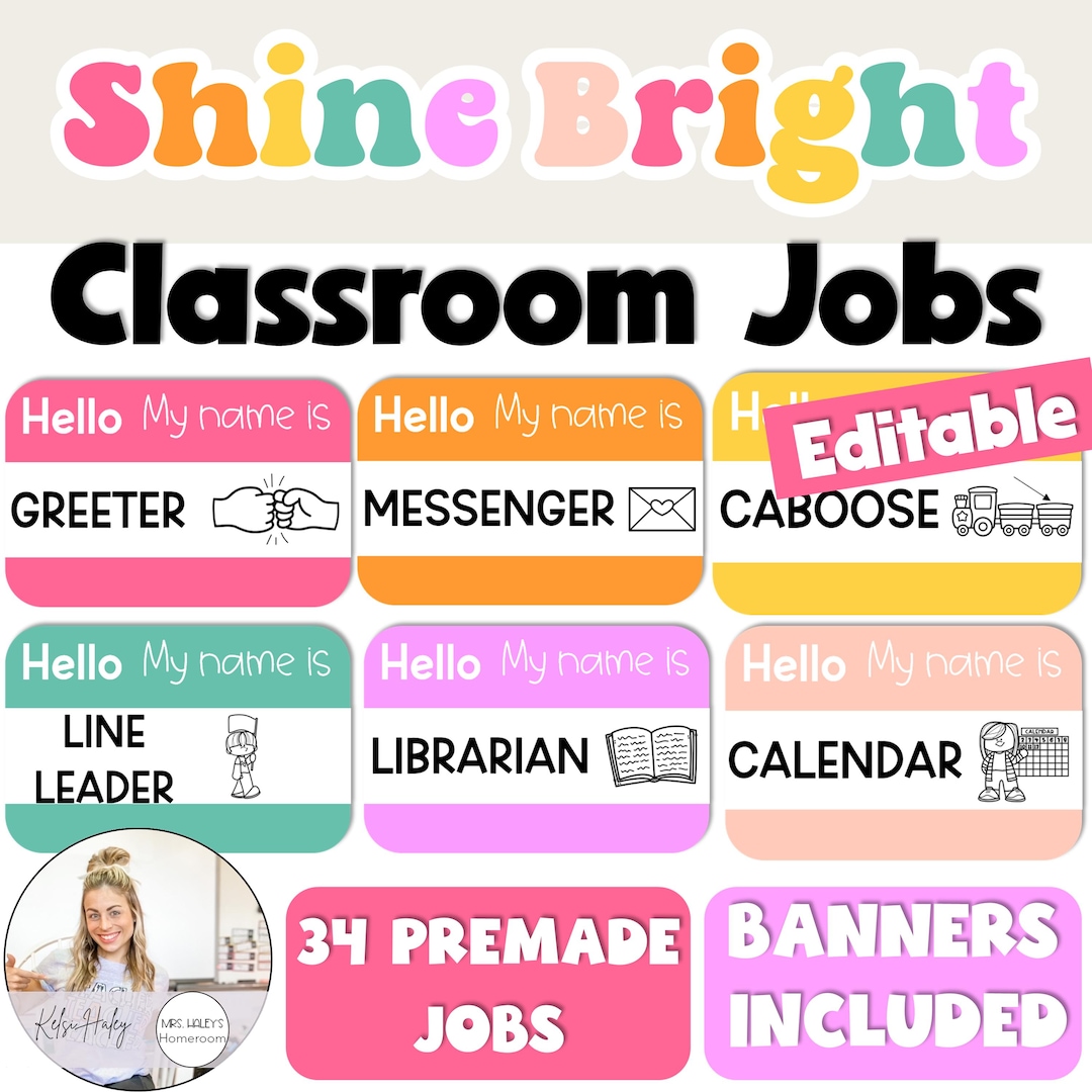 Classroom Job Chart | Shine Bright | Editable Classroom Jobs Bright ...