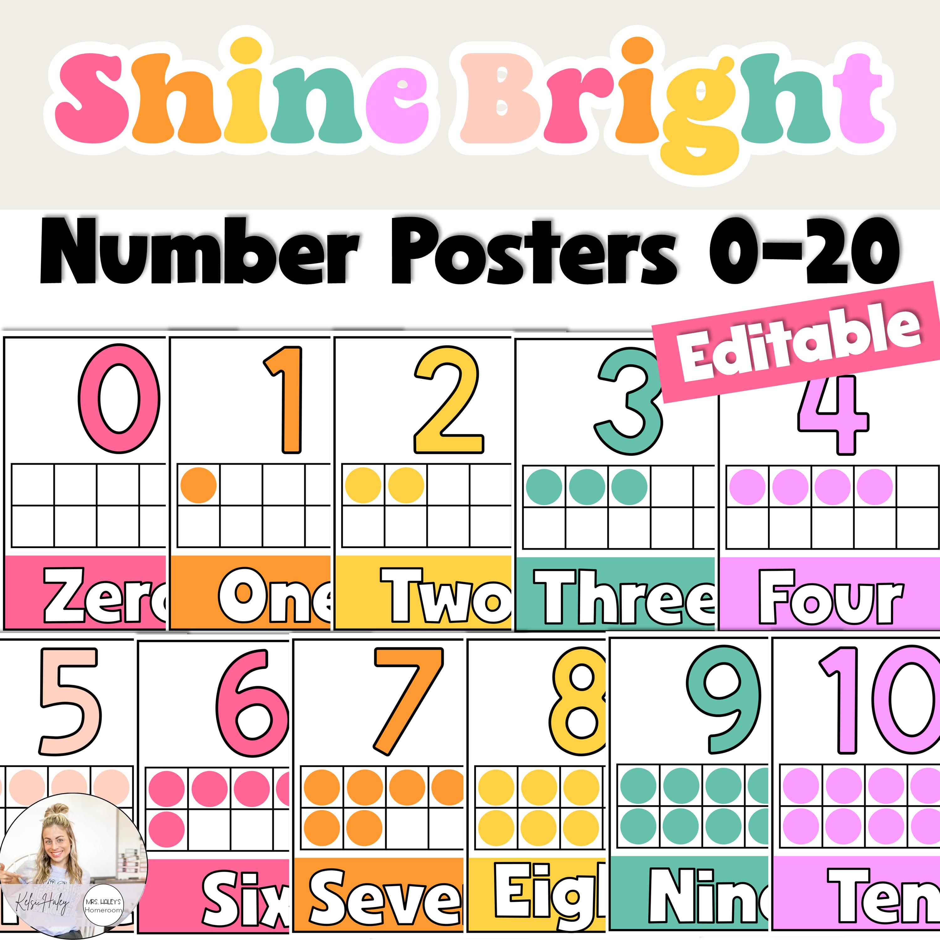Number Posters | Ten Frame | Shine Bright| Math Classroom Decor 0-20 ...