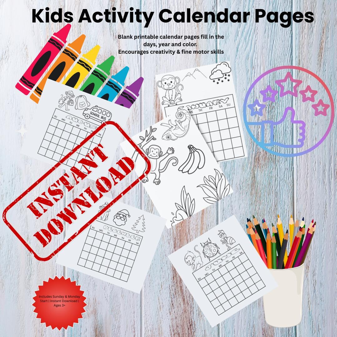 2025 Kids Coloring Calendar Printable | Monkey Themed Monthly Calendar ...