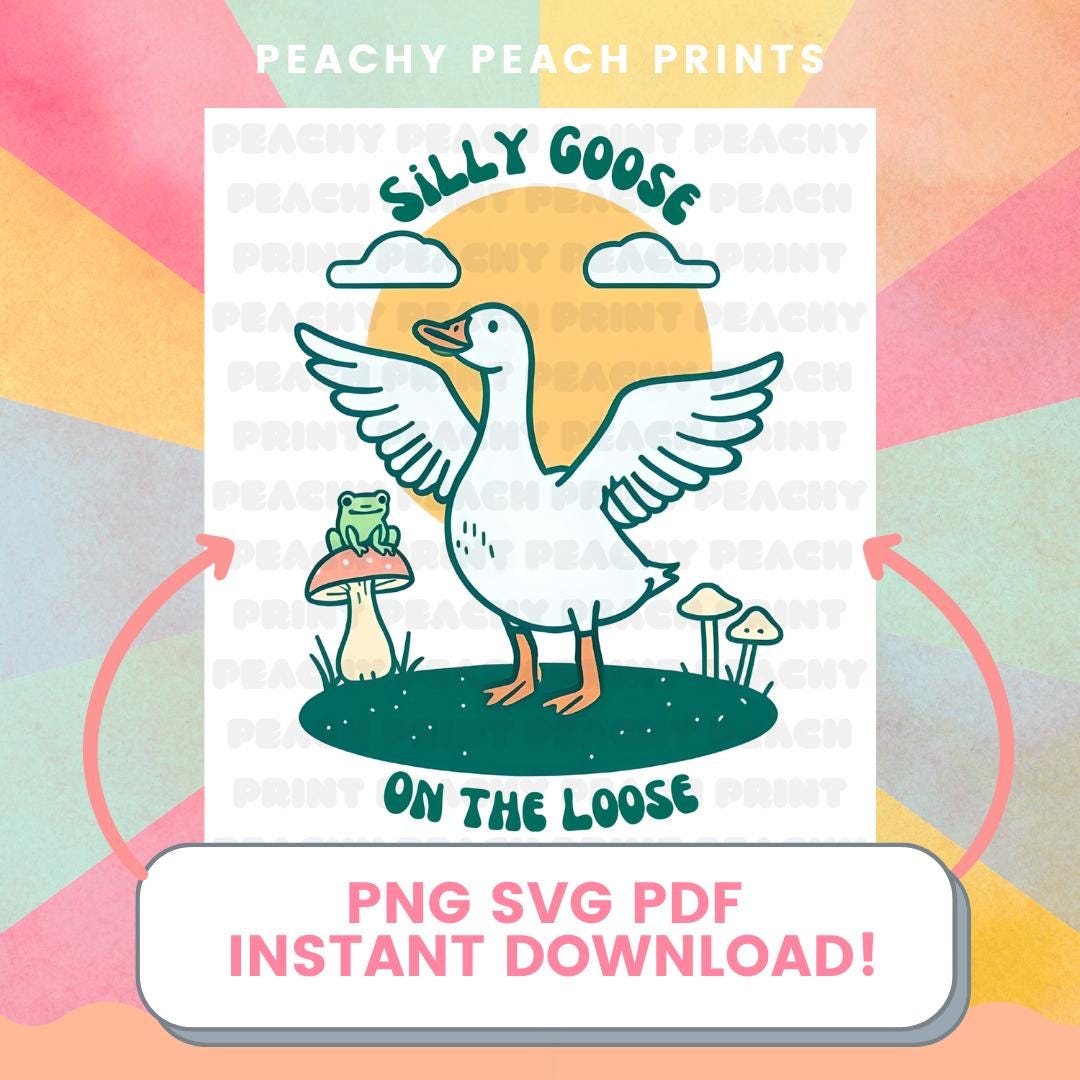 Silly Goose & Frog on Mushroom, Vintage Retro Design (SVG PNG PDF ...