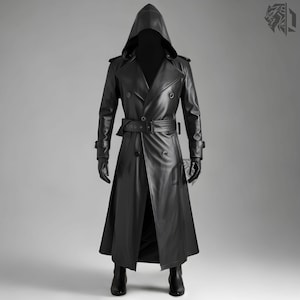 Black Hooded Leather Trench Coat Men | Long Gothic Matrix Coat ...