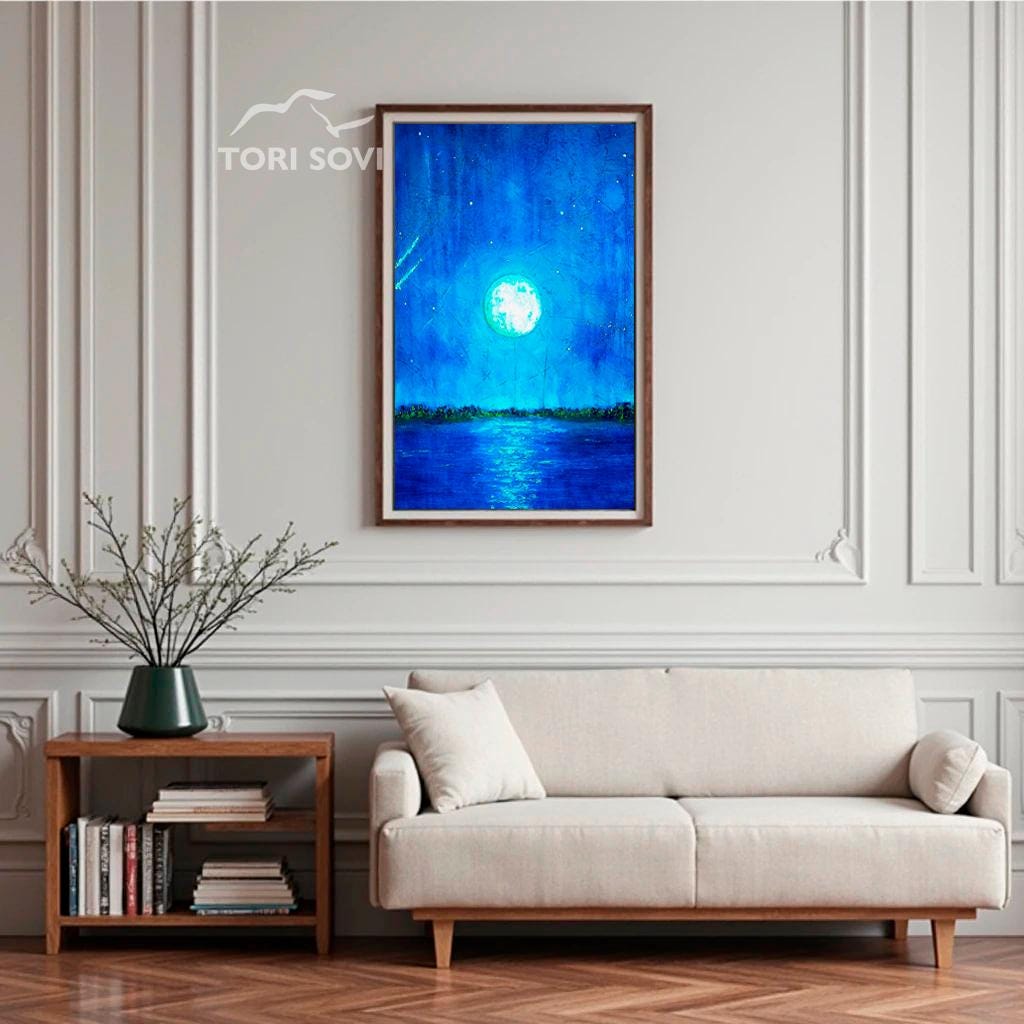 Blue Moon Wall Art, Night Sky Printable, Tranquil Lake Digital Art ...