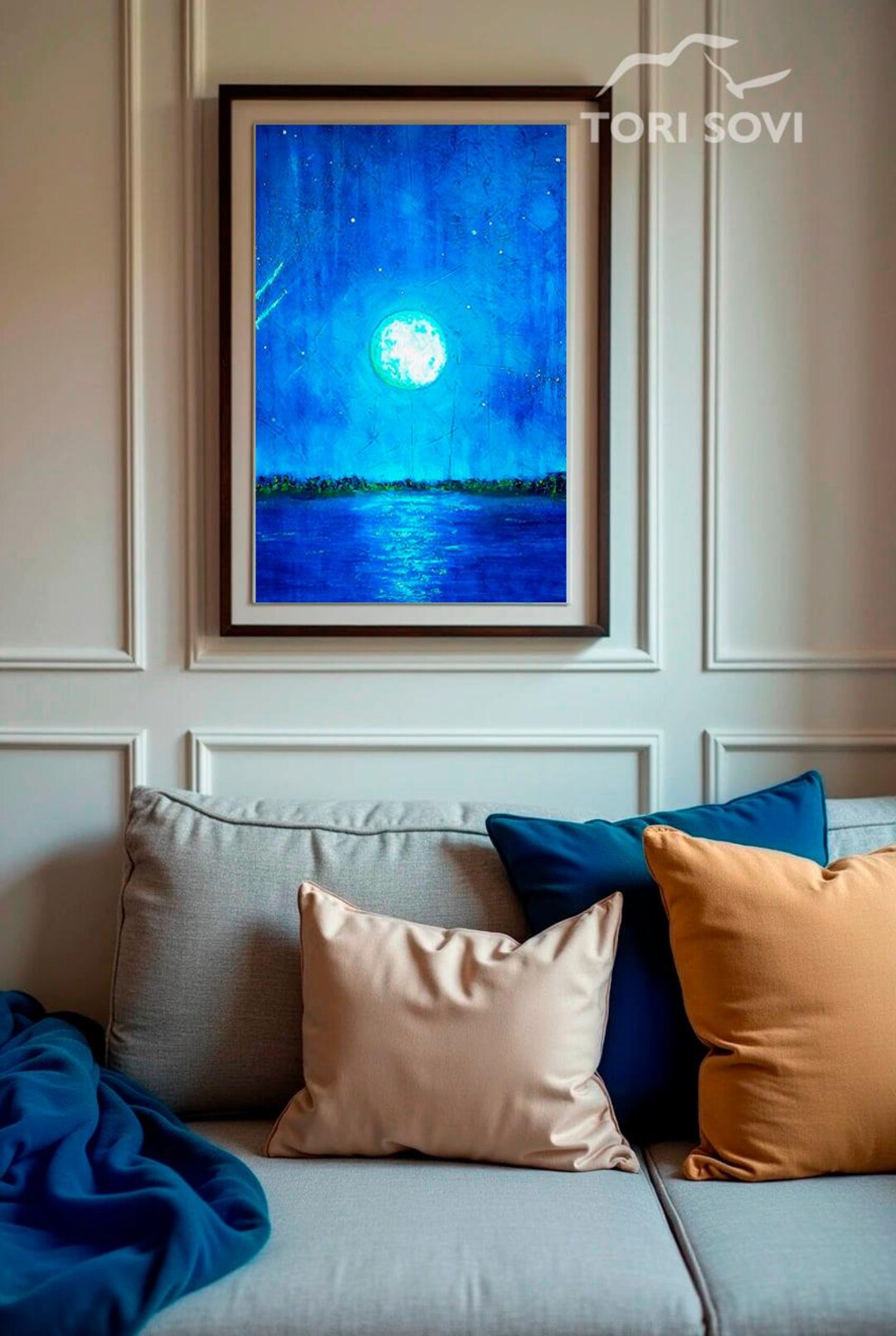Blue Moon Wall Art, Night Sky Printable, Tranquil Lake Digital Art ...