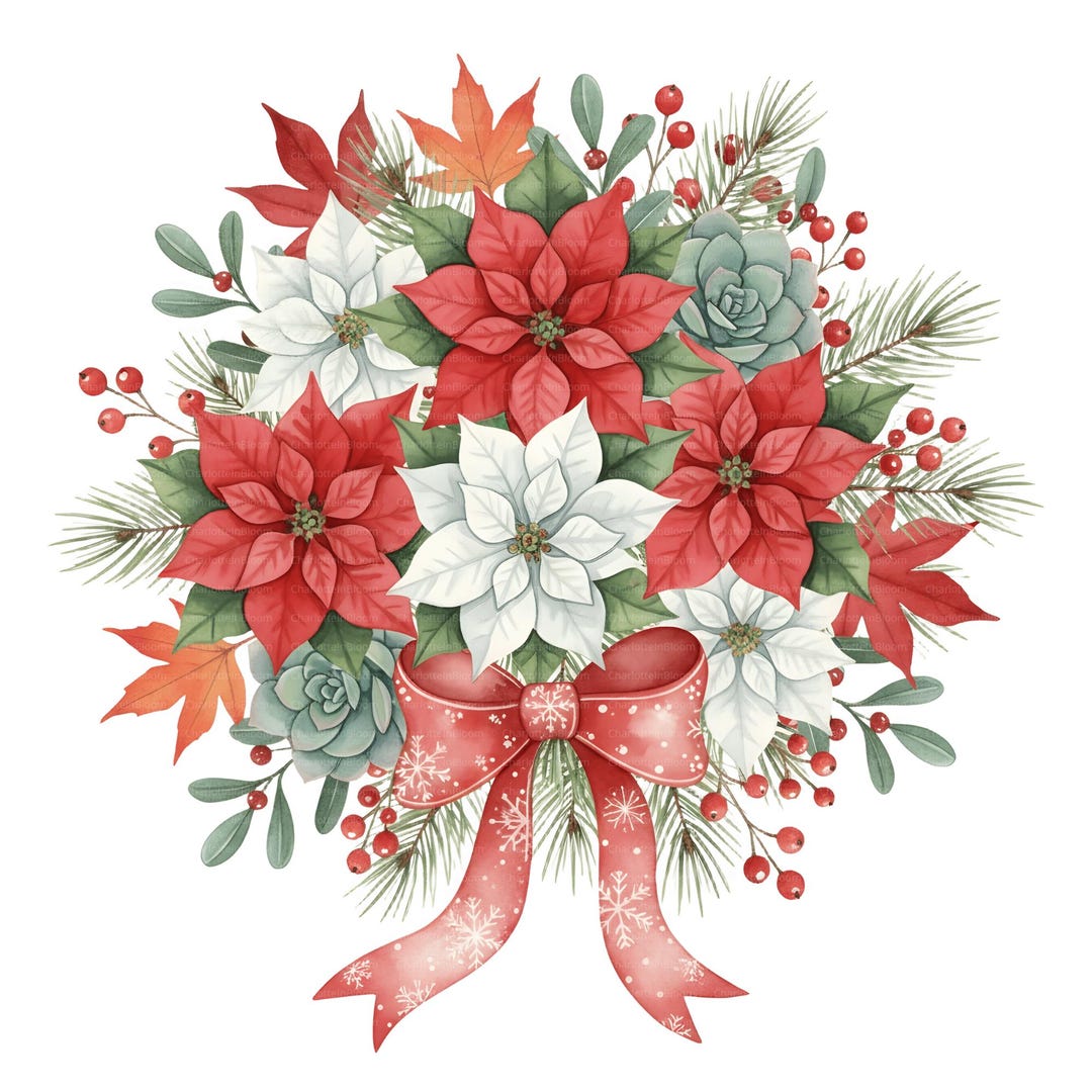 Poinsettia Decor Clipart - Watercolor Clipart, Christmas Flower Bouquet ...