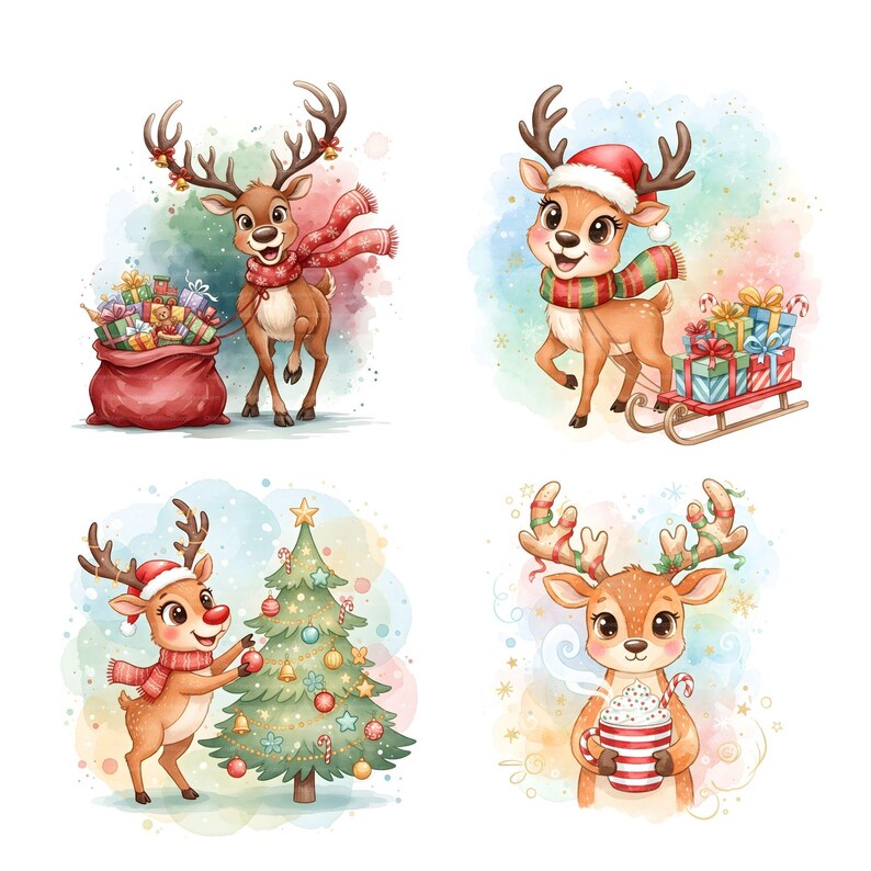 20 Watercolor Christmas Reindeer Clipart: PNG Bundle With Sticker Sheet ...
