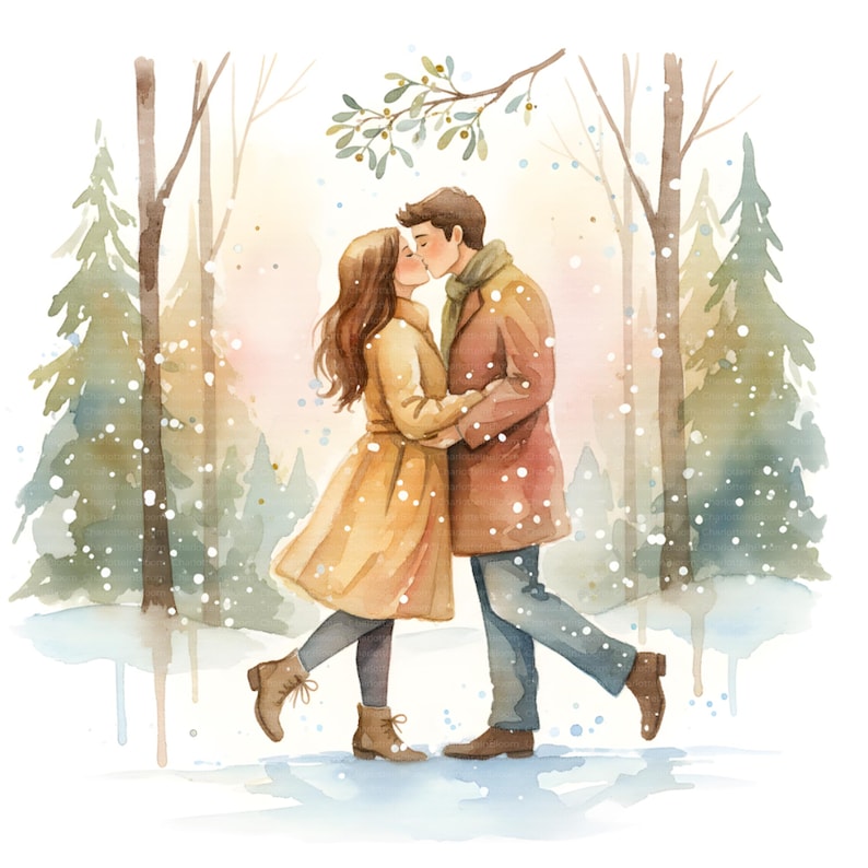 Christmas Couple Clipart Bundle: Mistletoe, Watercolor Kissing Couples ...