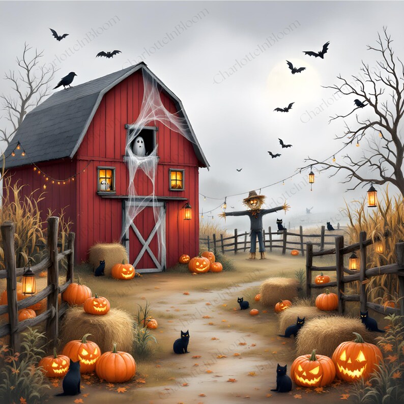 Halloween Farmyard Barn Clipart Bundle: Watercolor Pumpkins, Ghosts ...