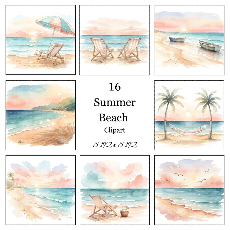 Watercolor Summer Beach Clipart Bundle: Coastal Tropical Ocean, Pastel ...