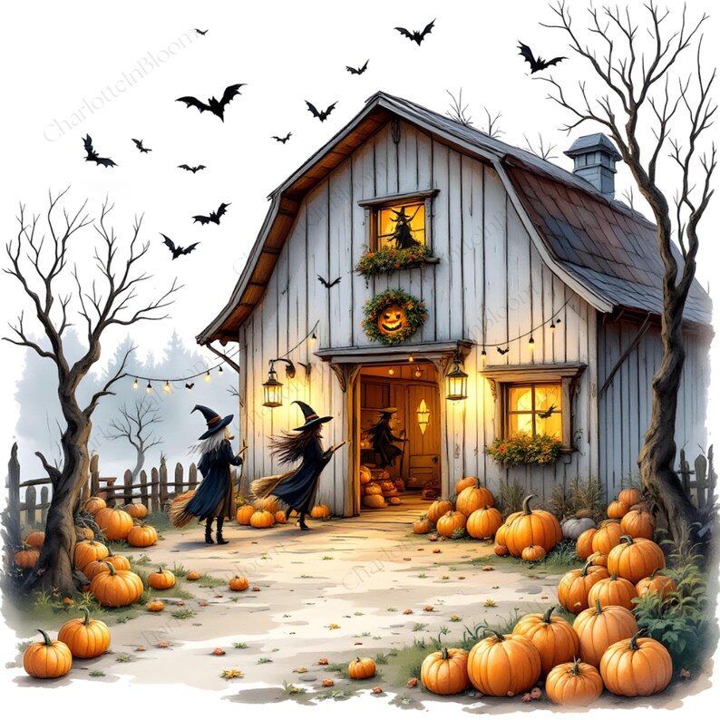 Halloween Farmyard Barn Clipart Bundle: Watercolor Pumpkins, Ghosts ...