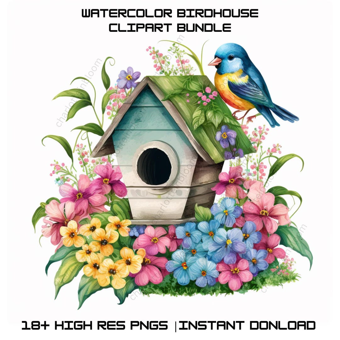 Spring Birdhouse Clipart PNG – Watercolor Floral Birds, Cottagecore ...