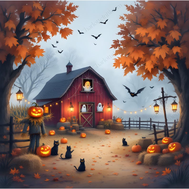 Halloween Farmyard Barn Clipart Bundle: Watercolor Pumpkins, Ghosts ...