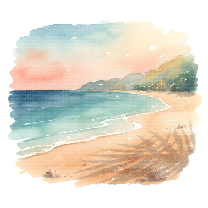 Watercolor Summer Beach Clipart Bundle: Coastal Tropical Ocean, Pastel ...