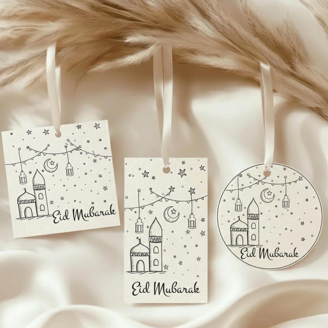 Eid Mubarak Hang Tags, Hand Drawn Happy Eid Muslim Islamic Holiday ...