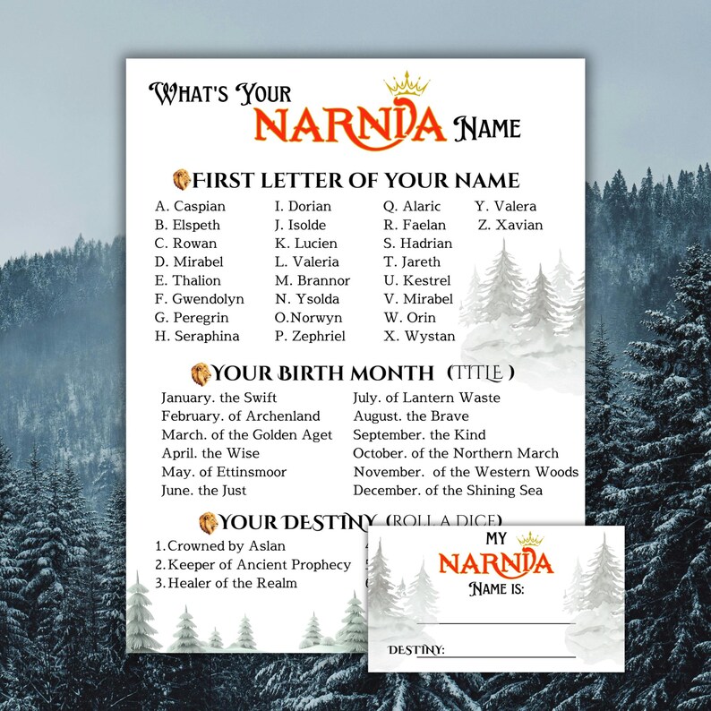 Whats Your Narnia Name Game, Birthday Party Activity, New Years Fun ...