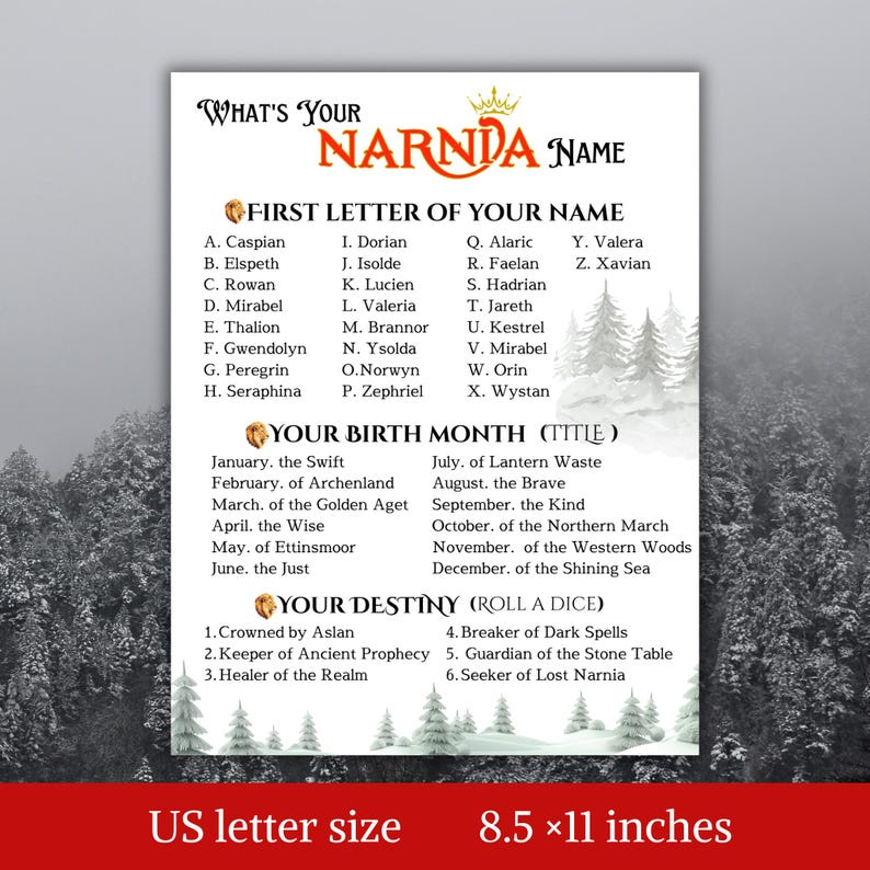 Whats Your Narnia Name Game, Birthday Party Activity, New Years Fun ...