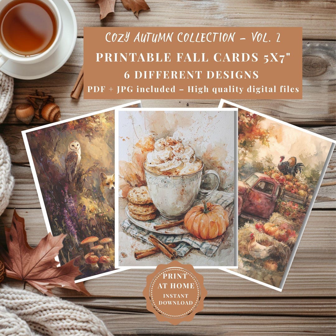 8 Printable Fall Cards Set 5x7”, Fall Decor for Scrapbooking and Junk ...