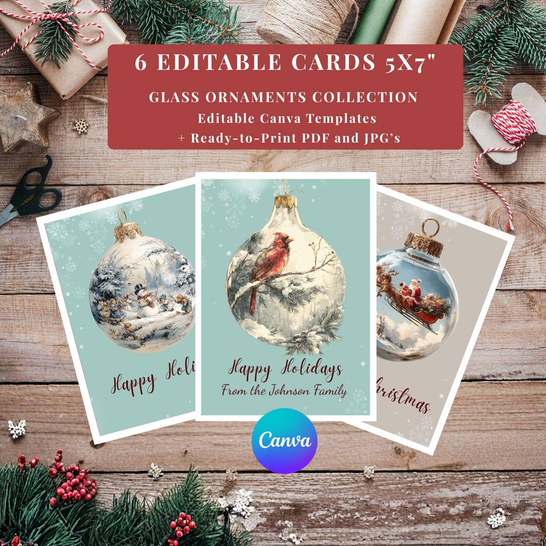 6 Editable Or-and Printable Vintage Holiday Baubles Cards 5x7", Canva ...