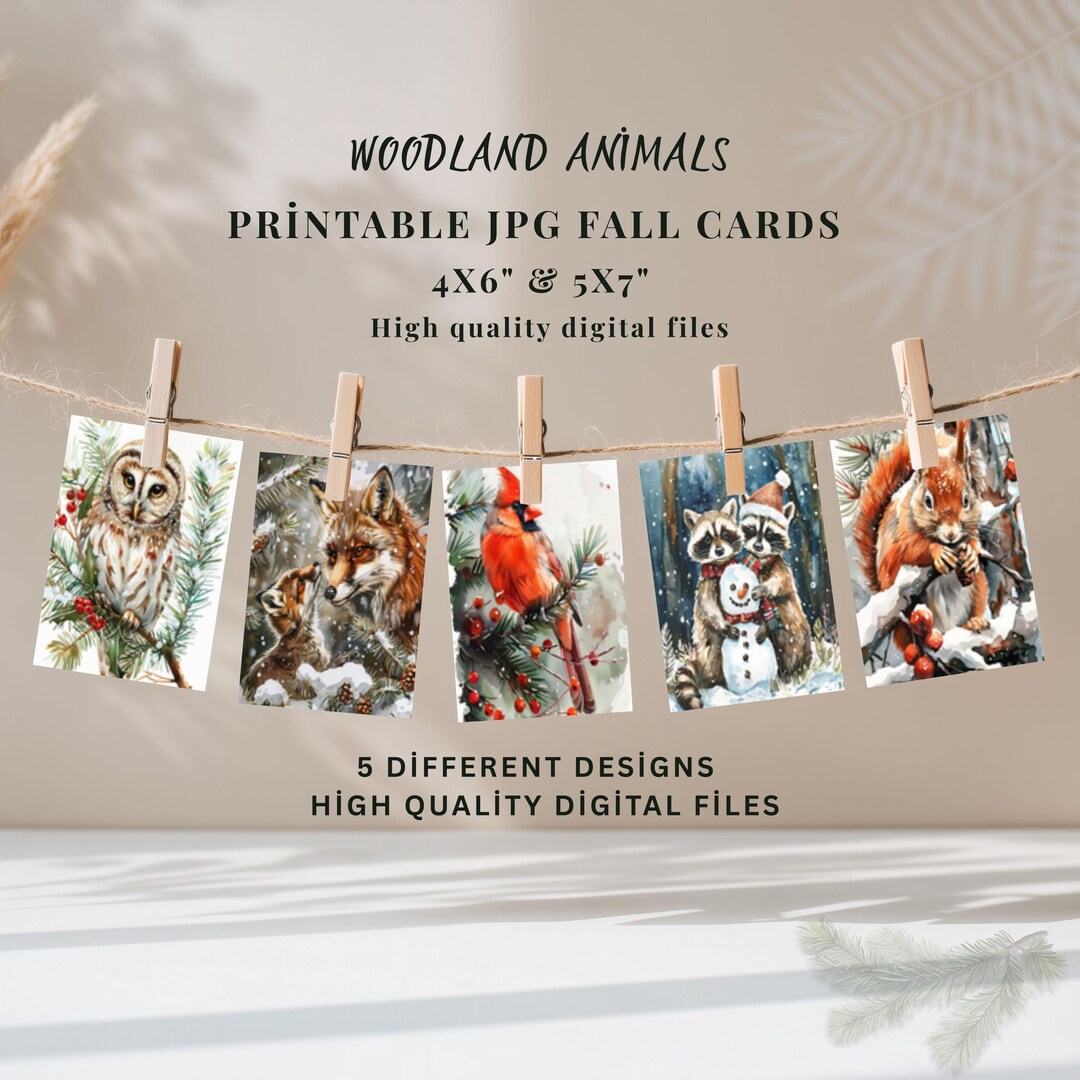 Woodland Printable Cards | Set of 5 Forest Animal Cards | 4x6 & 5x7 JPG ...