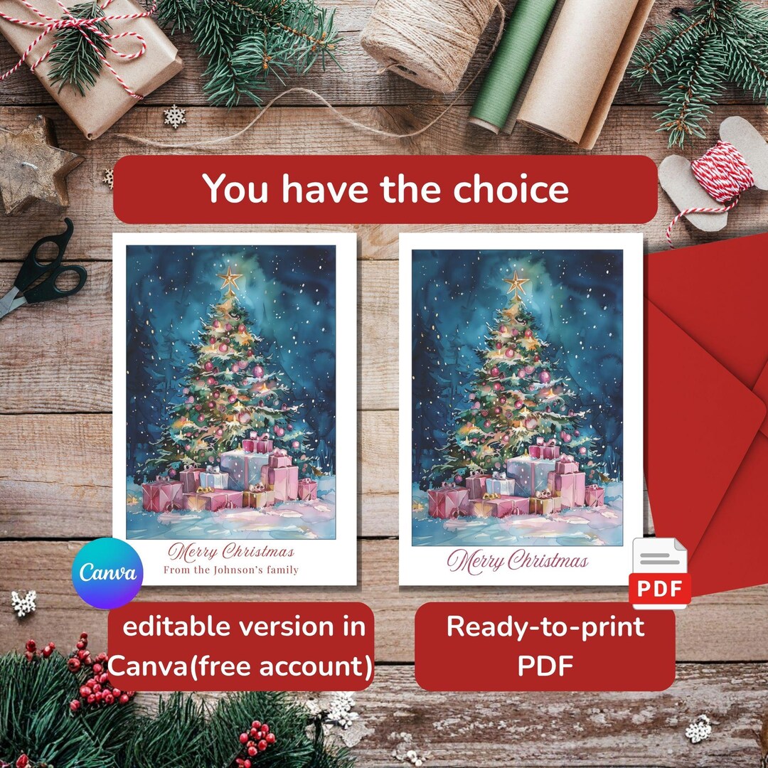 Pink Christmas Tree Card, Printable Editable Christmas Card 5x7 ...
