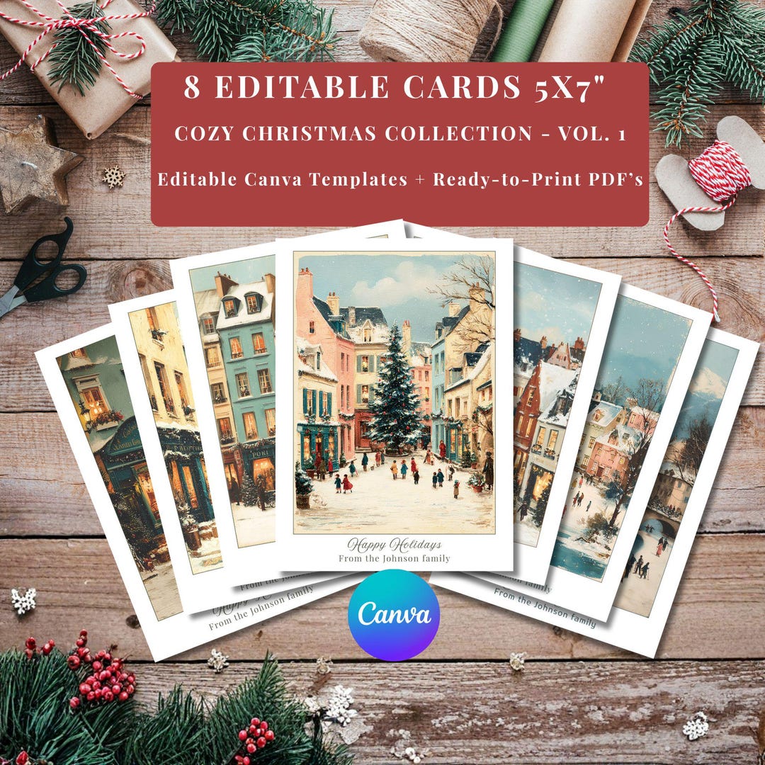 8 Printable and Editable Christmas Cards Collection Vol.1, Bundle of 8 ...
