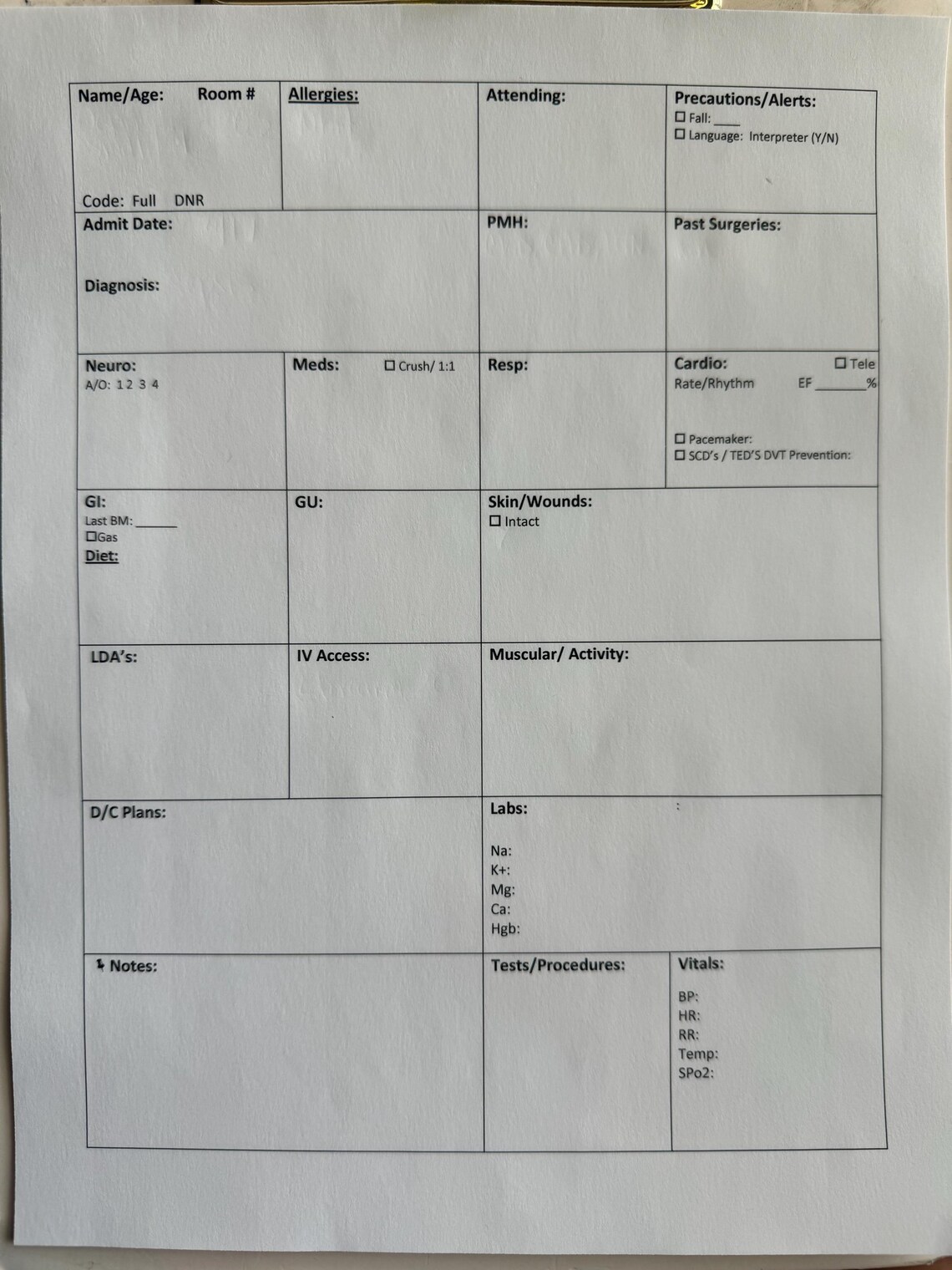 Nurse Shift Report Sheet | Printable Brain Sheet | 1-page Nursing ...