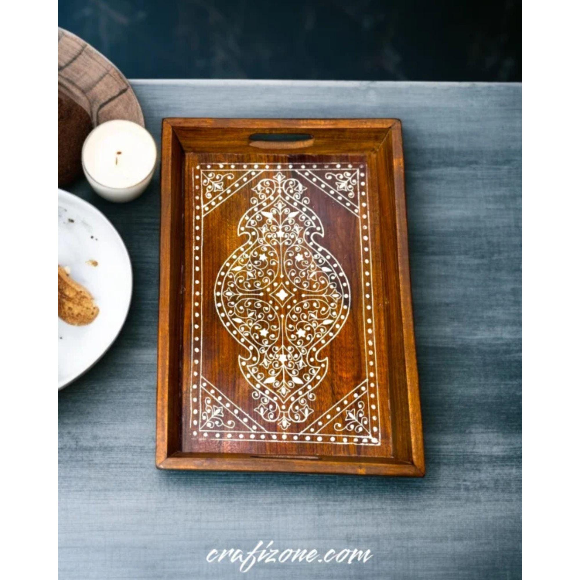 Handcrafted Wooden Tray Set Hand Carved Table Server Rectangle Salver ...
