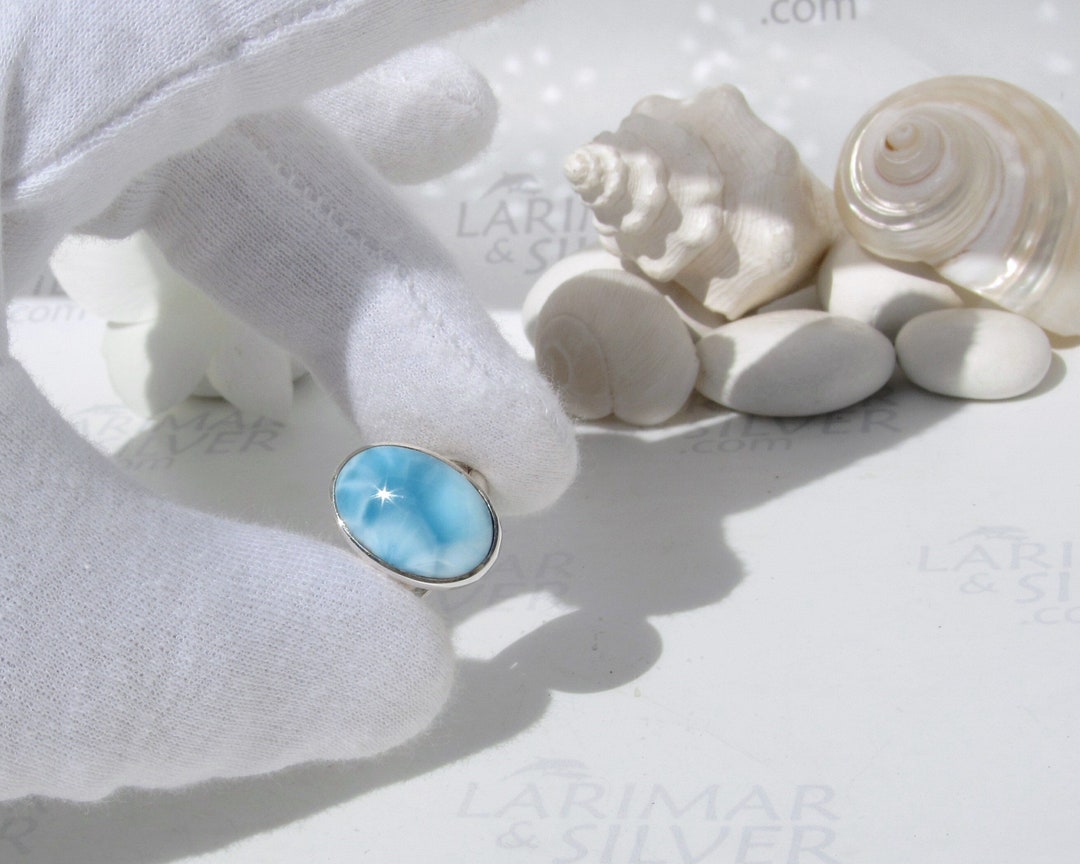 Iridescent Azure Gemstone Ring Size 6.5, Mermaid Shadow Natural Larimar ...