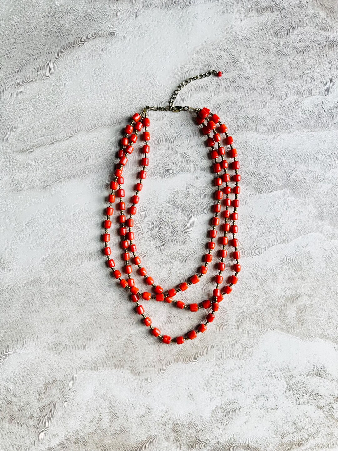 2000s Triple Strand Coral-coloured Glass Bead Necklace, Boho Statement ...