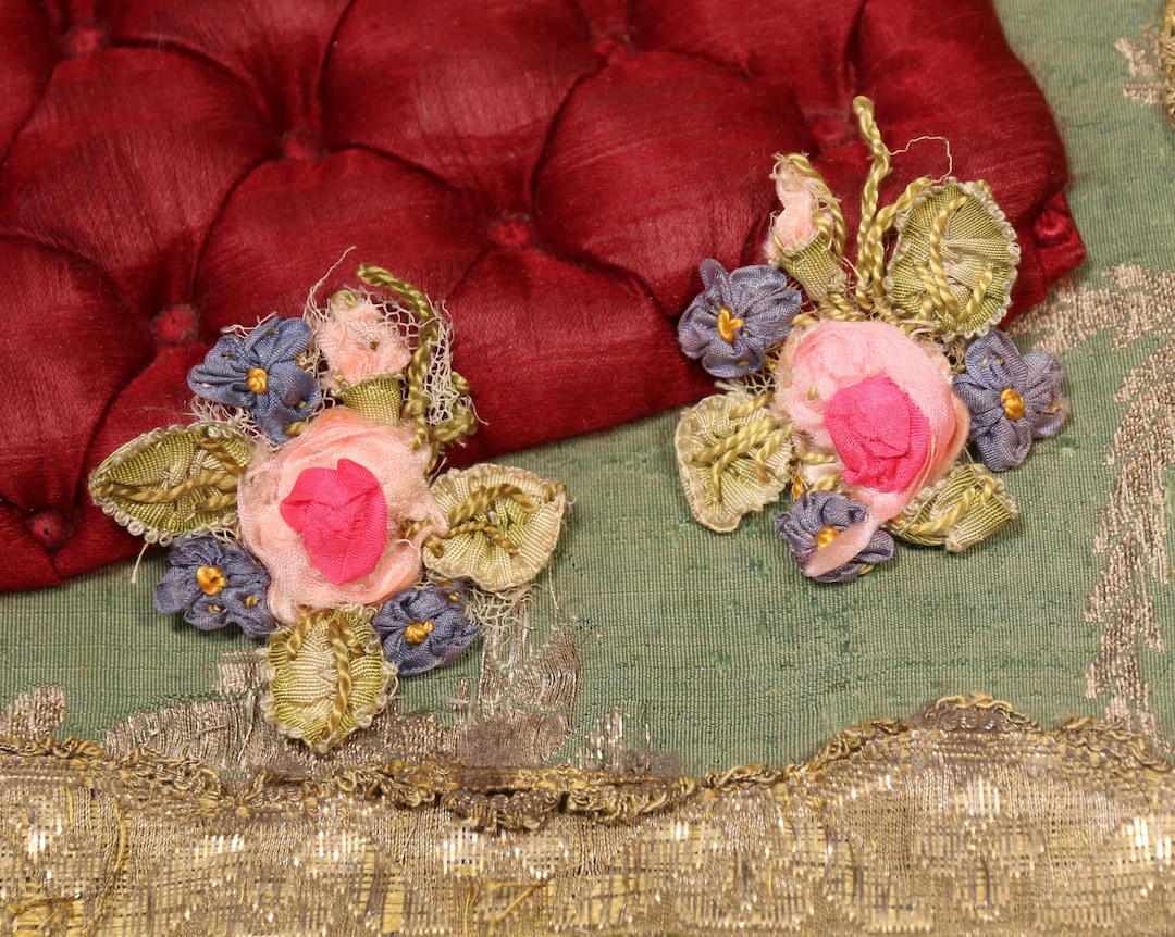 Antique Lot 2 Silk Ribbonwork Wreaths Tiny Flower Millinery Tiny Trim ...