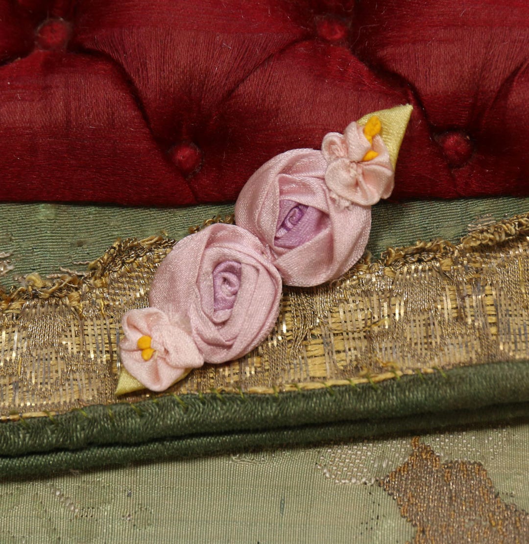 Antique Silk Ribbonwork Piece Cluster Shape Ribbon Flowers Green Roses ...