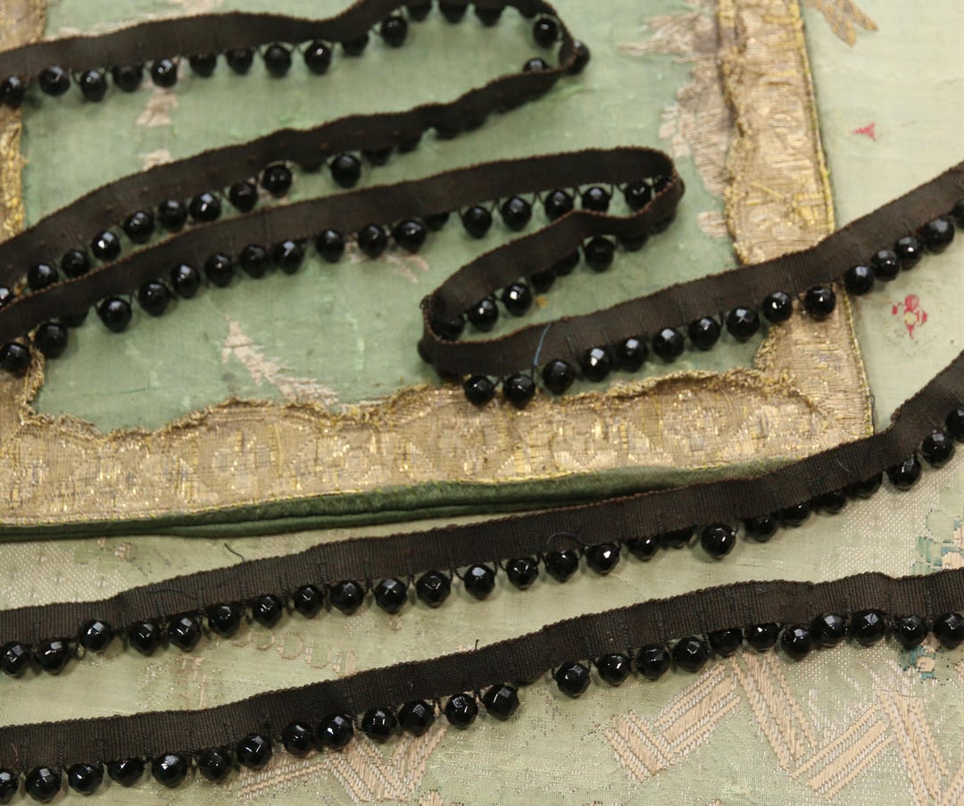 1.6 Yards Antique Lot Glass Bead Trim Balls Appliques Black 1900s ...