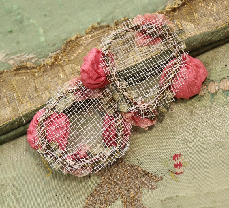 Lot Antique Metal Silk Rose Trim Rosette Pink Roses Green Ombre Rococo ...