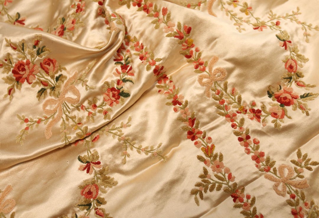 Antique Incredible Silk Satin Chenille Embroidered Rose Swag Panel 1900 ...