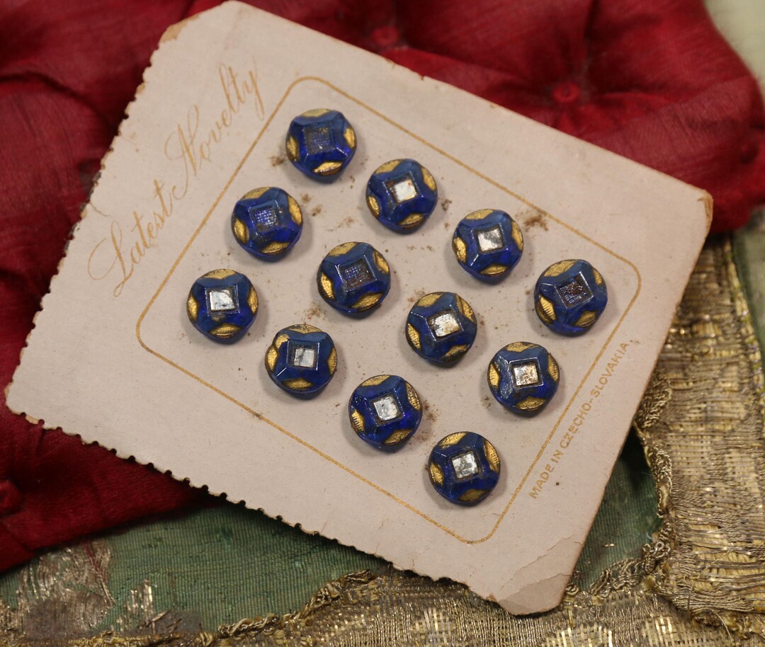 Antique Glass Tiny Dot Buttons on Card Metallic Gold Blue Mirror Art ...