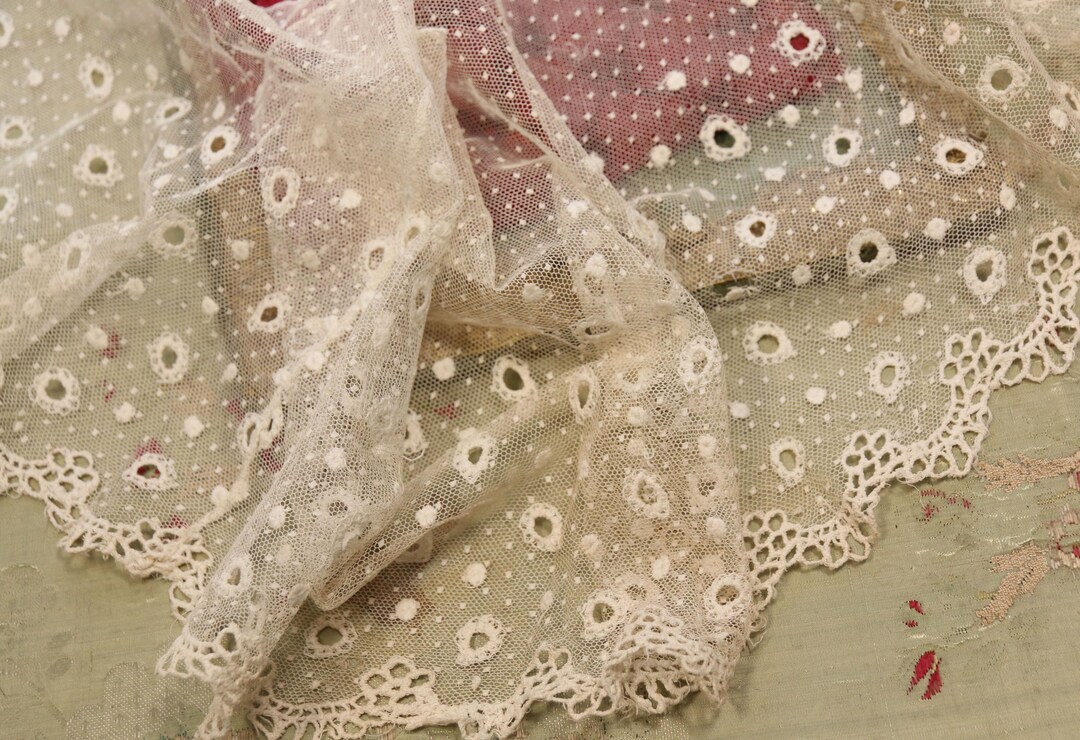 Antique Point D'esprit Piece Curved Trim Cotton Tulle Dotted Ovals Net ...