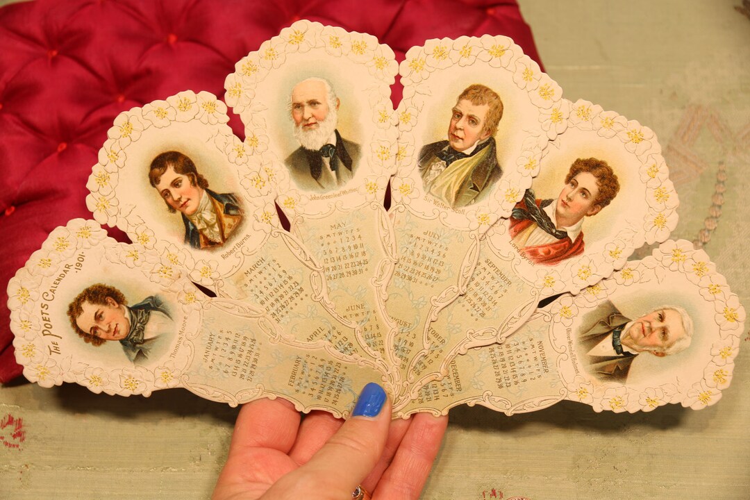 Antique 1901 Poet's Calendar Figures Fan Shape Poem Paper 1900 Ephemera ...