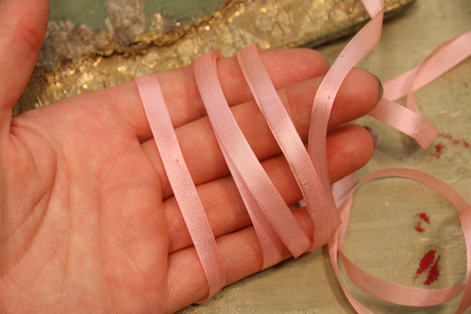 1 Yard Antique Silk Satin Tiny Ribbon Warm Pink Shade 5/16" Wide Rich ...