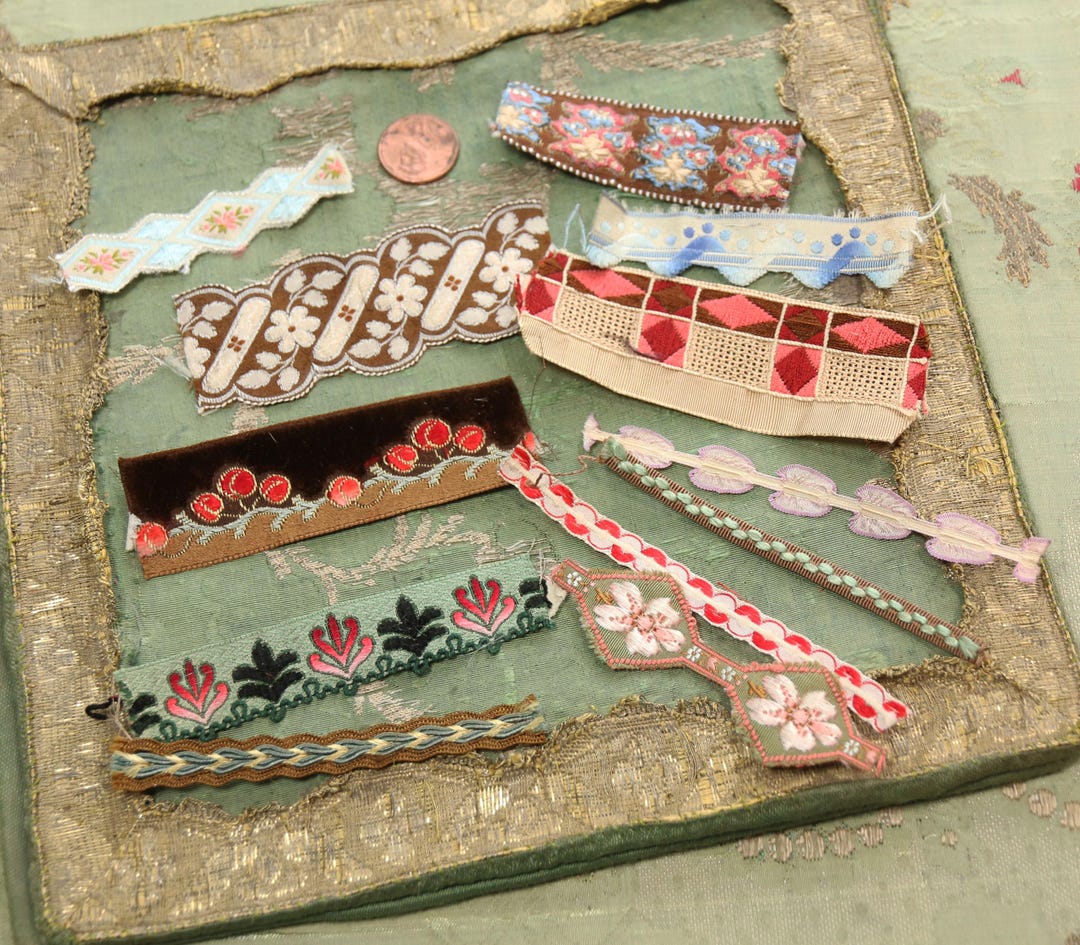 12 Piece Antique French Silk Sample Trim Pieces Tiny Embroidered ...