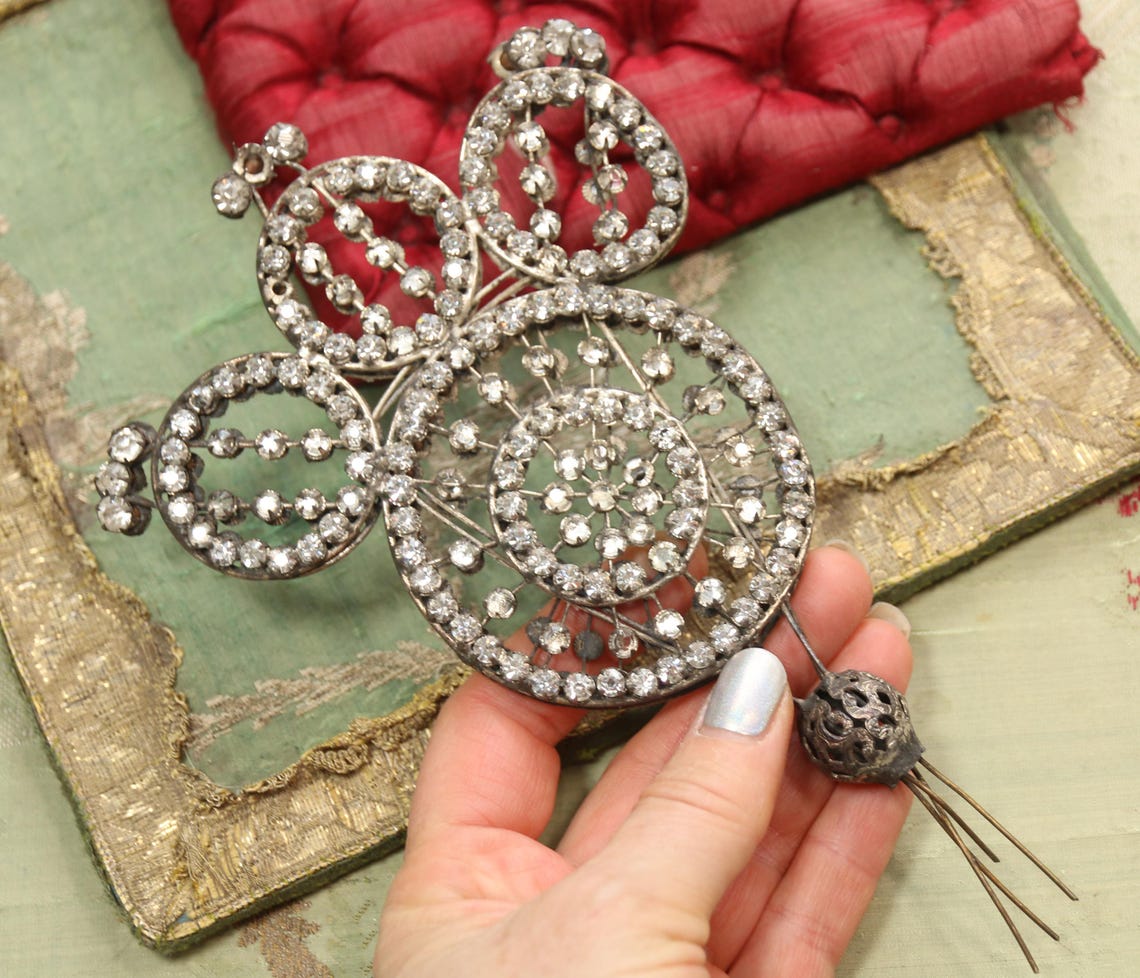 Antique Large Hair Applique Prong Set Rhinestone Edwardian Silver Art ...