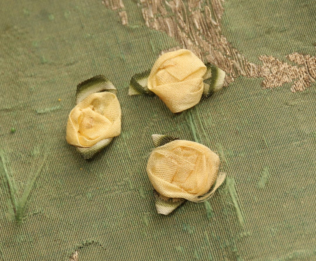Antique Silk Ribbonwork Piece Cluster Shape Yellow Ribbon Flowers Green ...