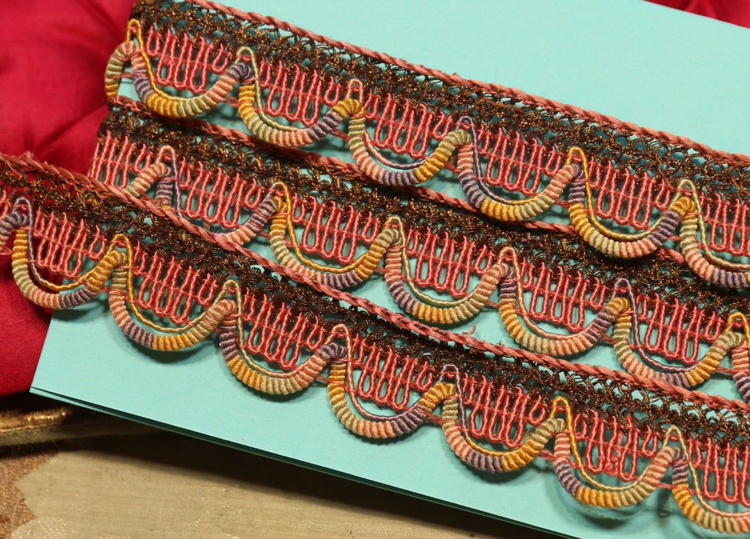 1 yard Antique swag trim metal rayon cord lush pink rainbow gold loops ...