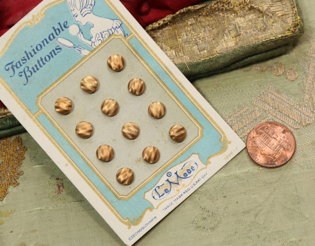 Tiny Rare Antique Metal Button Card Brass Engraved Gold 5/16" Trims 1/4 ...