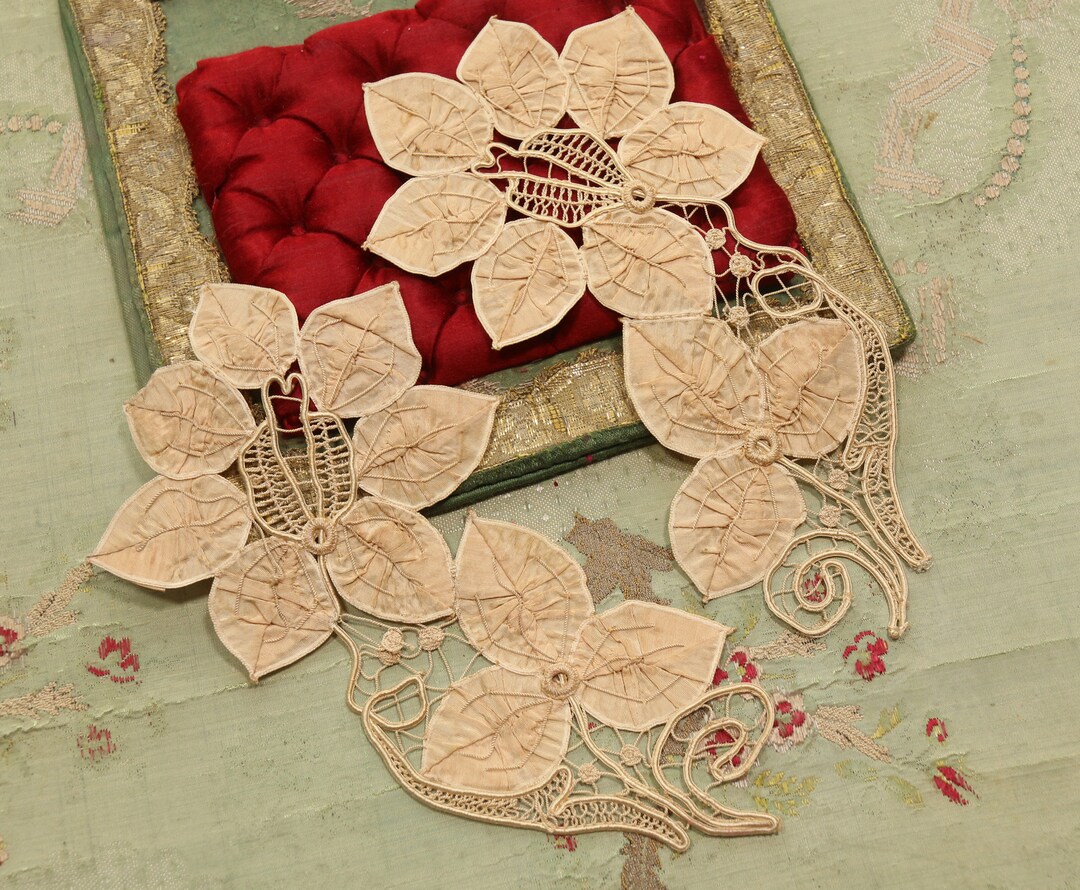 Antique Lot of 2 Large Silk Ribbonwork Delightful Trims Flowers Silk ...