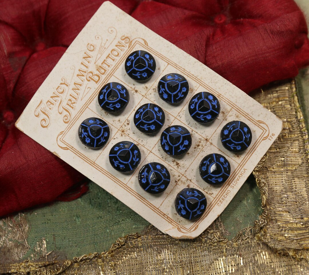 Antique Glass Tiny Dot Buttons on Card Cobalt Blue Black Art Deco ...