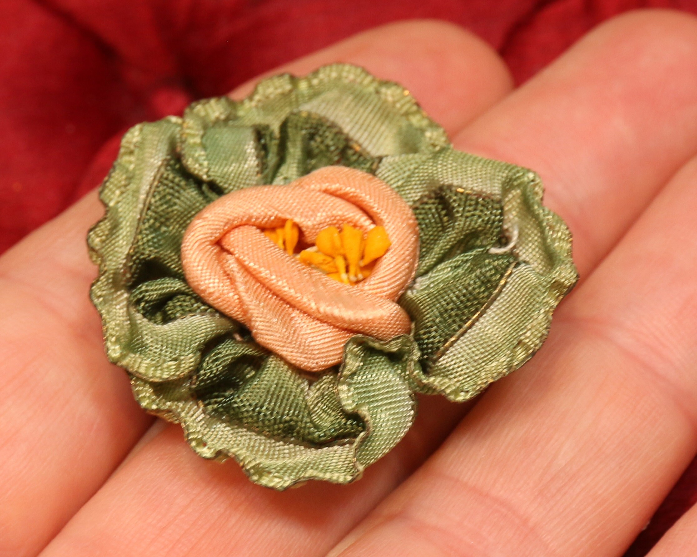 Antique silk tiny ribbonwork rose lettuce metal ribbon | Etsy