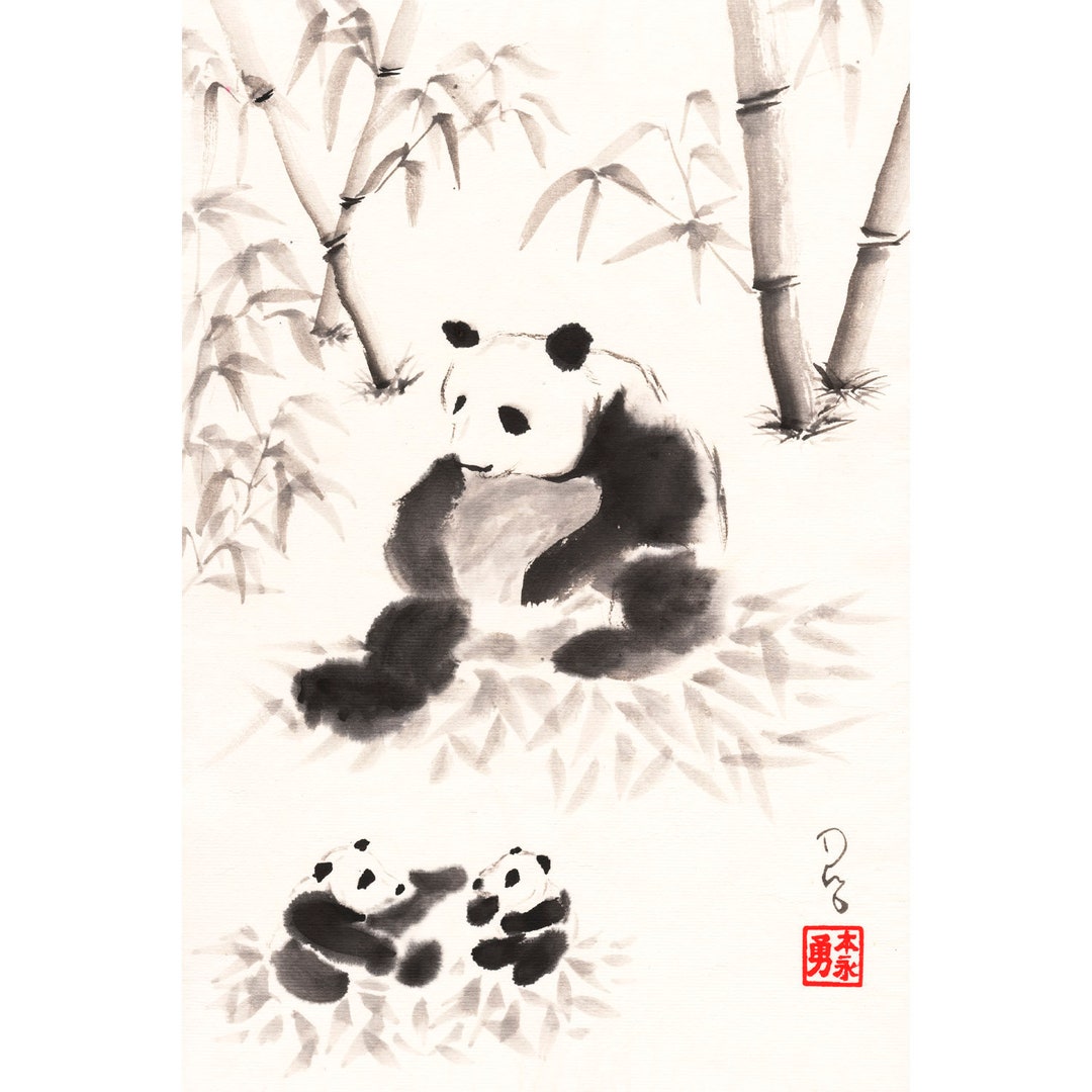 Panda Family Sumi-e Watercolor Painting (print) - Etsy