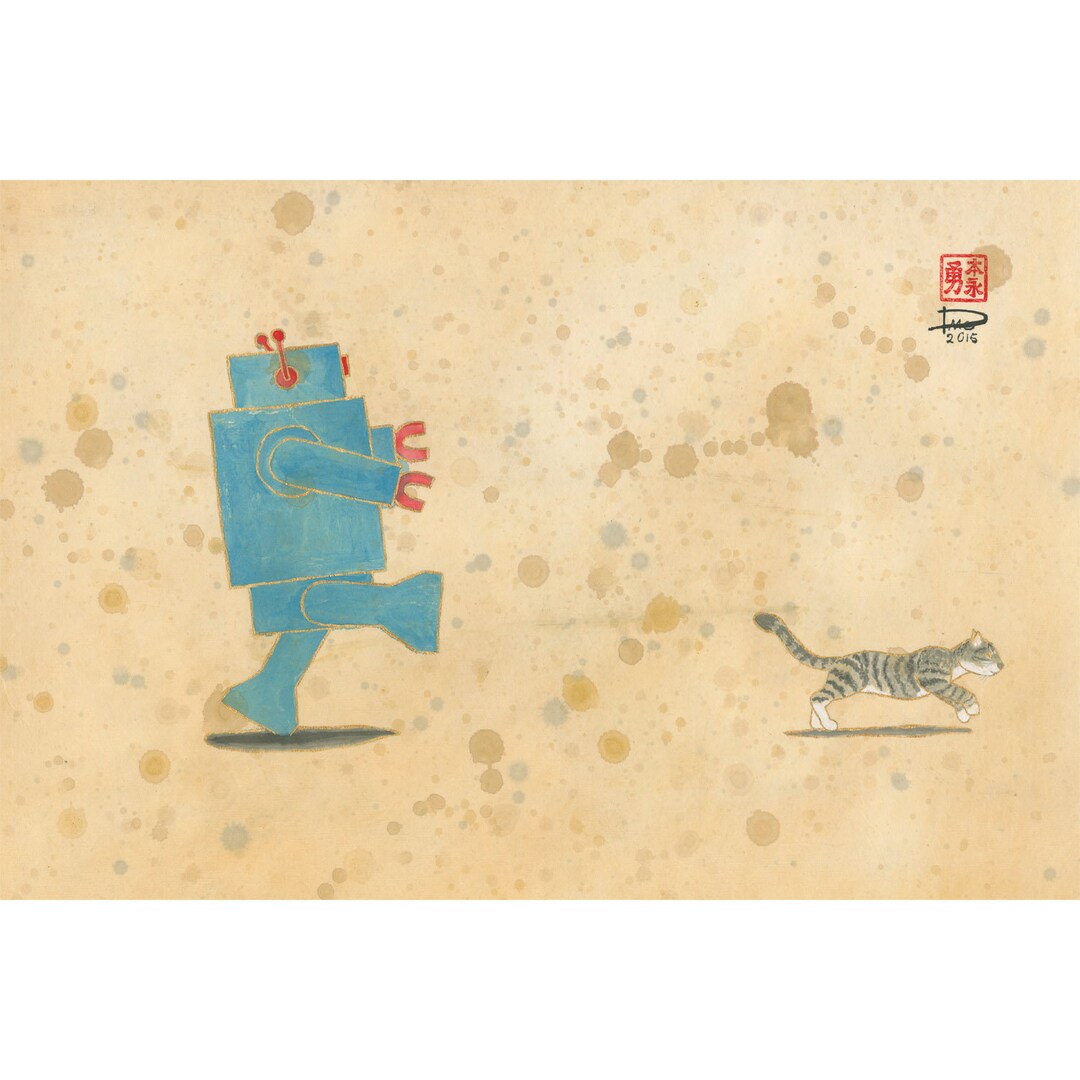Robot Loves Kitty - Sumi-e Watercolor Painting - Run, Xander, Run (print) - Etsy