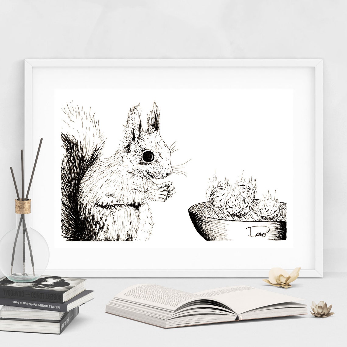 Squirrel Roasting Nuts Pen Drawing Inktober 2018 print - Etsy