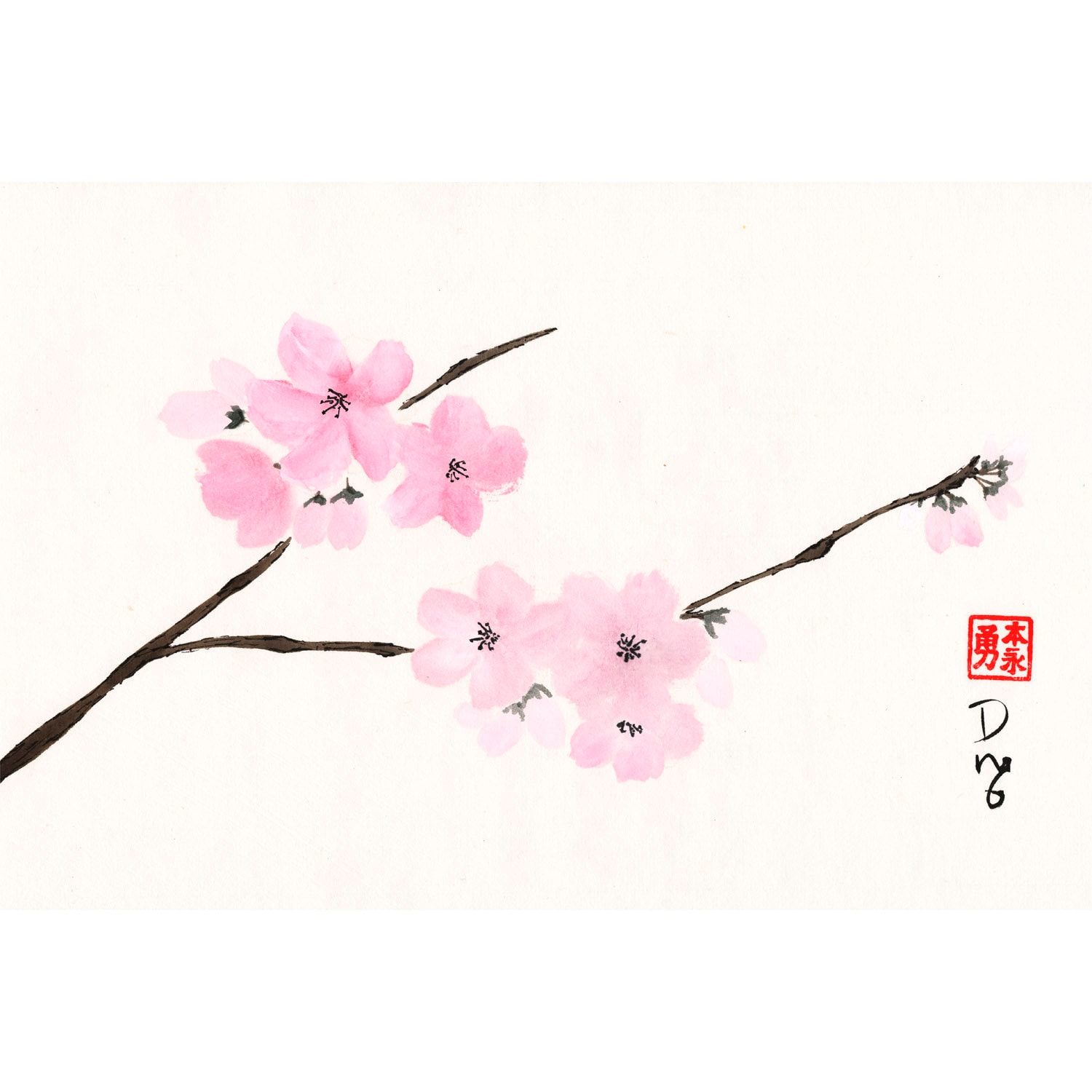 Cherry Blossoms - Sumi-e Watercolor Painting (print) - Etsy