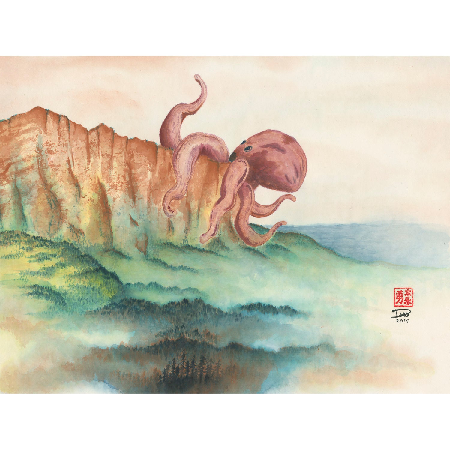 Octopus Monster Attack! Sumi-e Watercolor Painting - Revenge of the ...